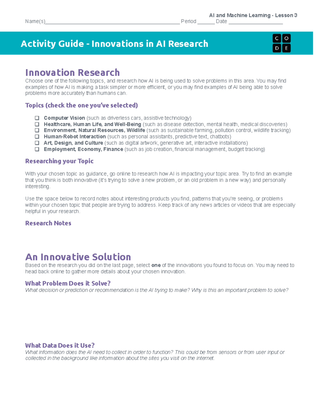 Copy of U7L03 - Activity Guide - Innovations in AI Research - AI and ...