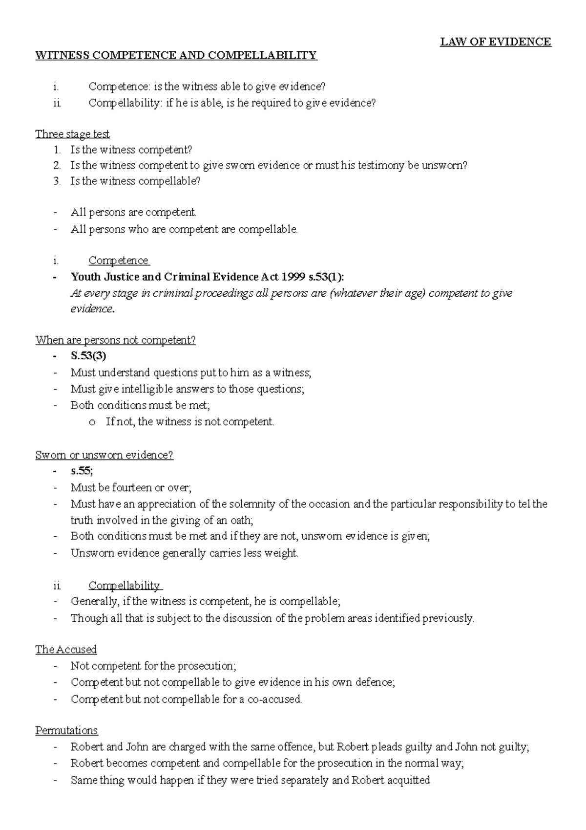 Witness Competence AND Compellability - LAW OF EVIDENCE WITNESS ...