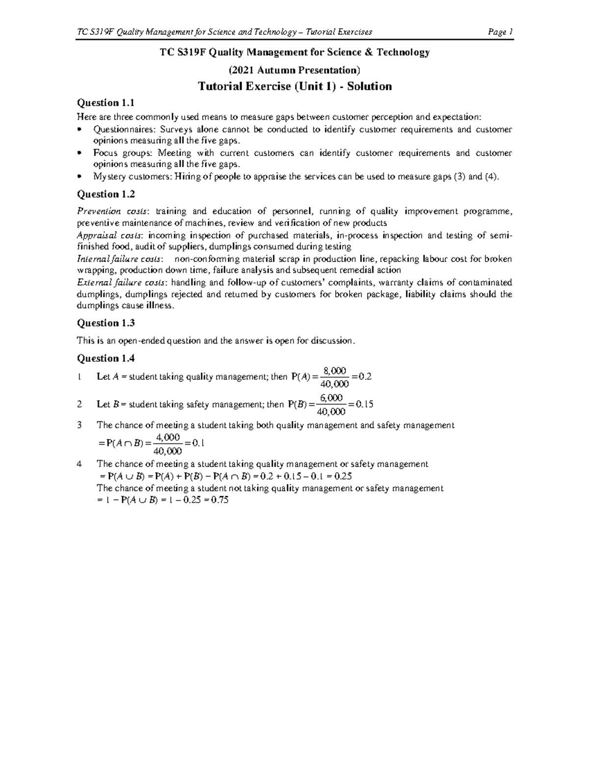 TCS319 F U1 Tutorial 2021 Ans unlocked - TC S319F Quality Management ...