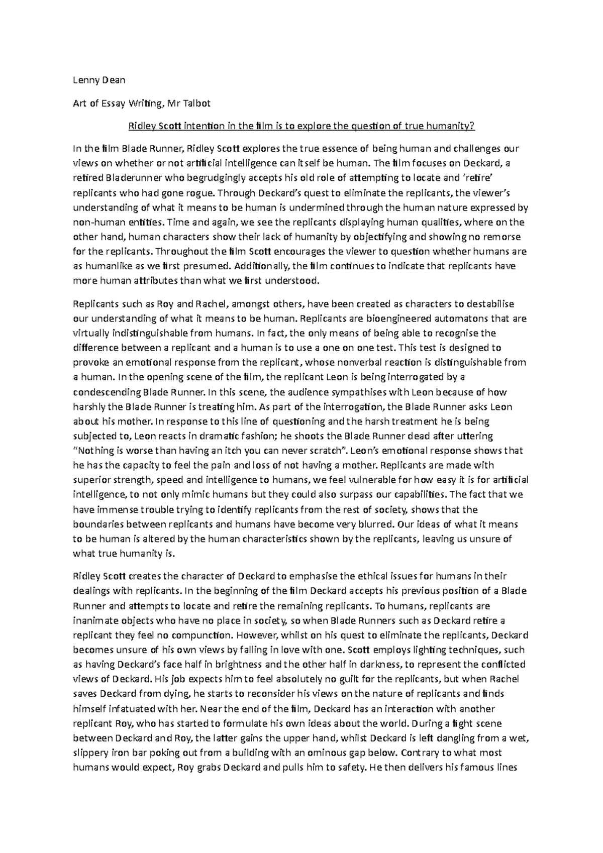 Blade Runner Essay Helpful good words - Lenny Dean Art of Essay Writing ...