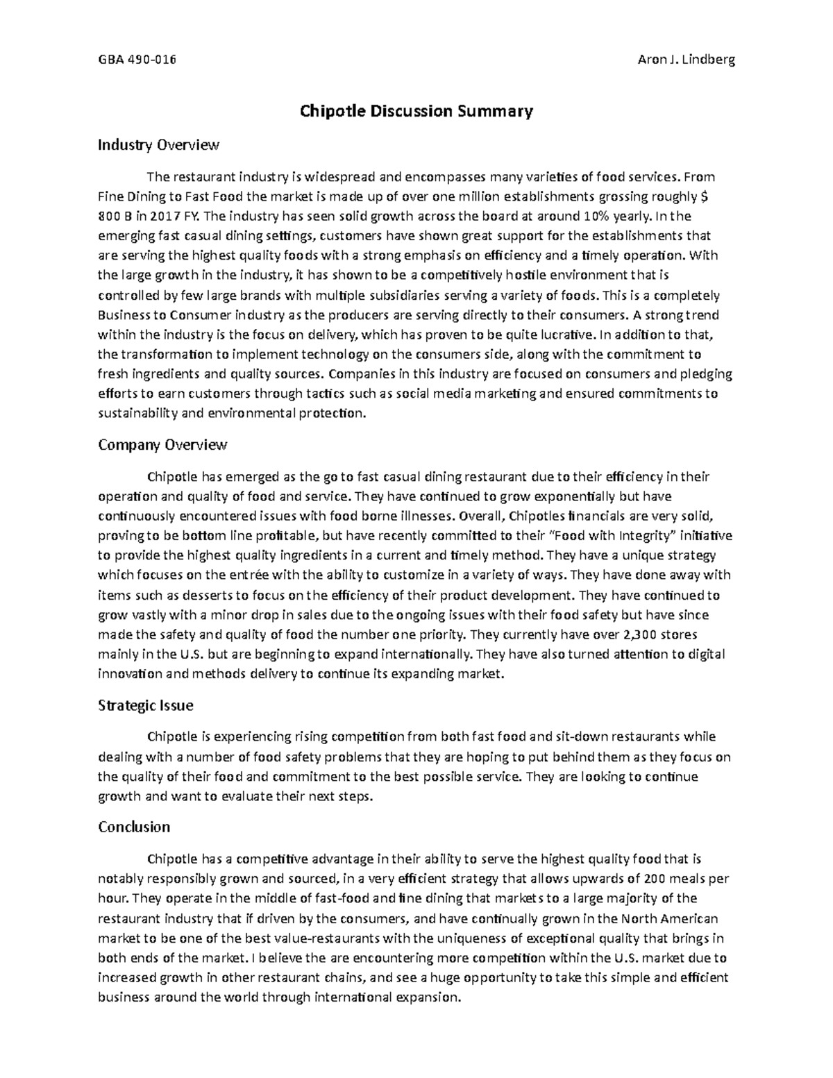 Chipotle Case Discussion - Chipotle Discussion Summary Industry ...