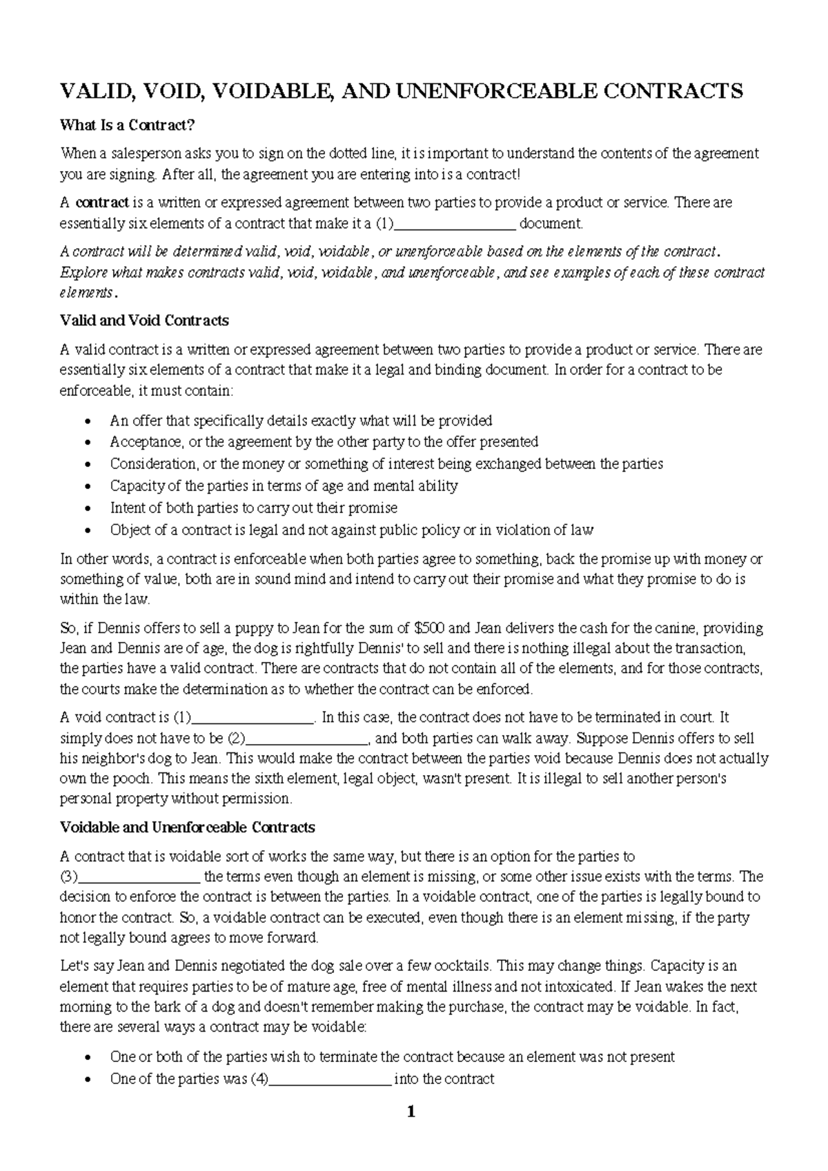 Valid, void, voidable, and unenforceable contracts - 1 VALID, VOID, VOIDABLE, AND UNENFORCEABLE ...