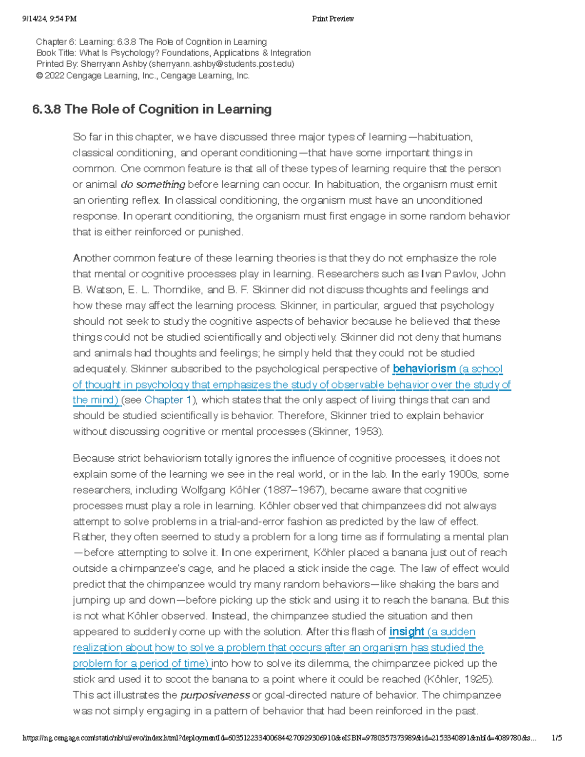 Mind Tap - Cengage Learning 3 - Chapter 6: Learning: 6.3 The Role of Cognition in Learning Book ...