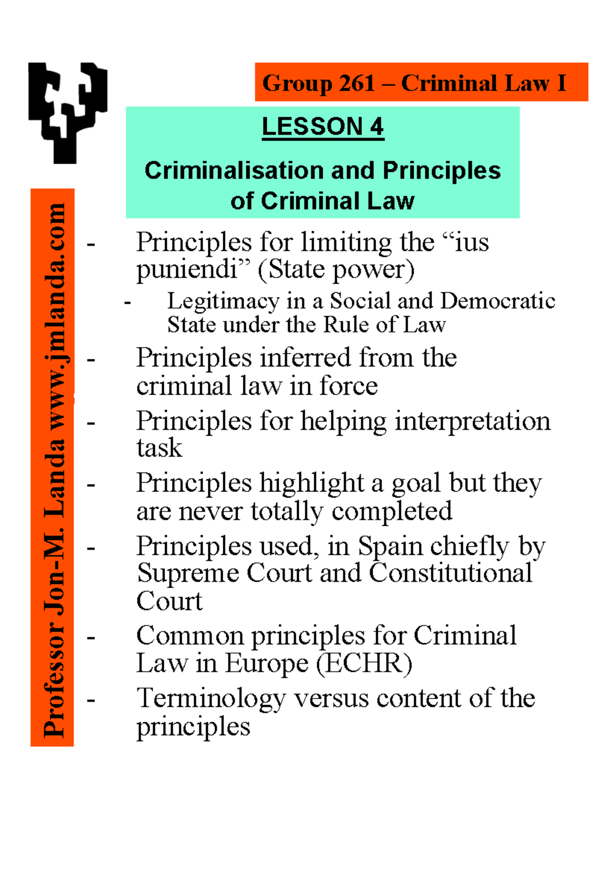 4 Lesson 4.ppt - Criminal Law I law degree ehu - Professor Jon-M. Landa ...
