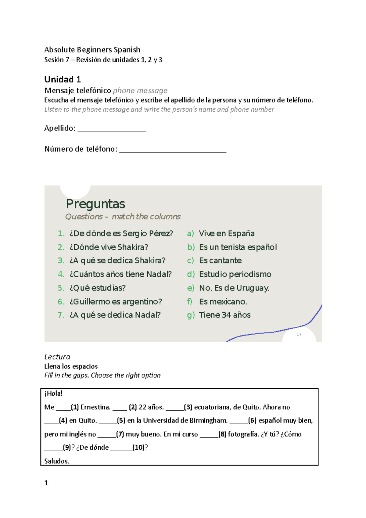 Revision activities - Absolute Beginners Spanish Sesión 7 – Revisión de ...
