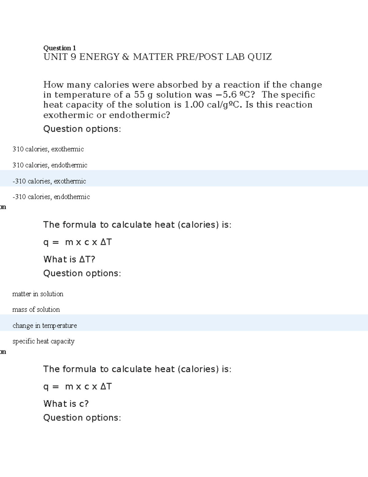 UNIT 9 Enery AND Matter PRE & POST QUIZ - Question 1 UNIT 9 ENERGY ...