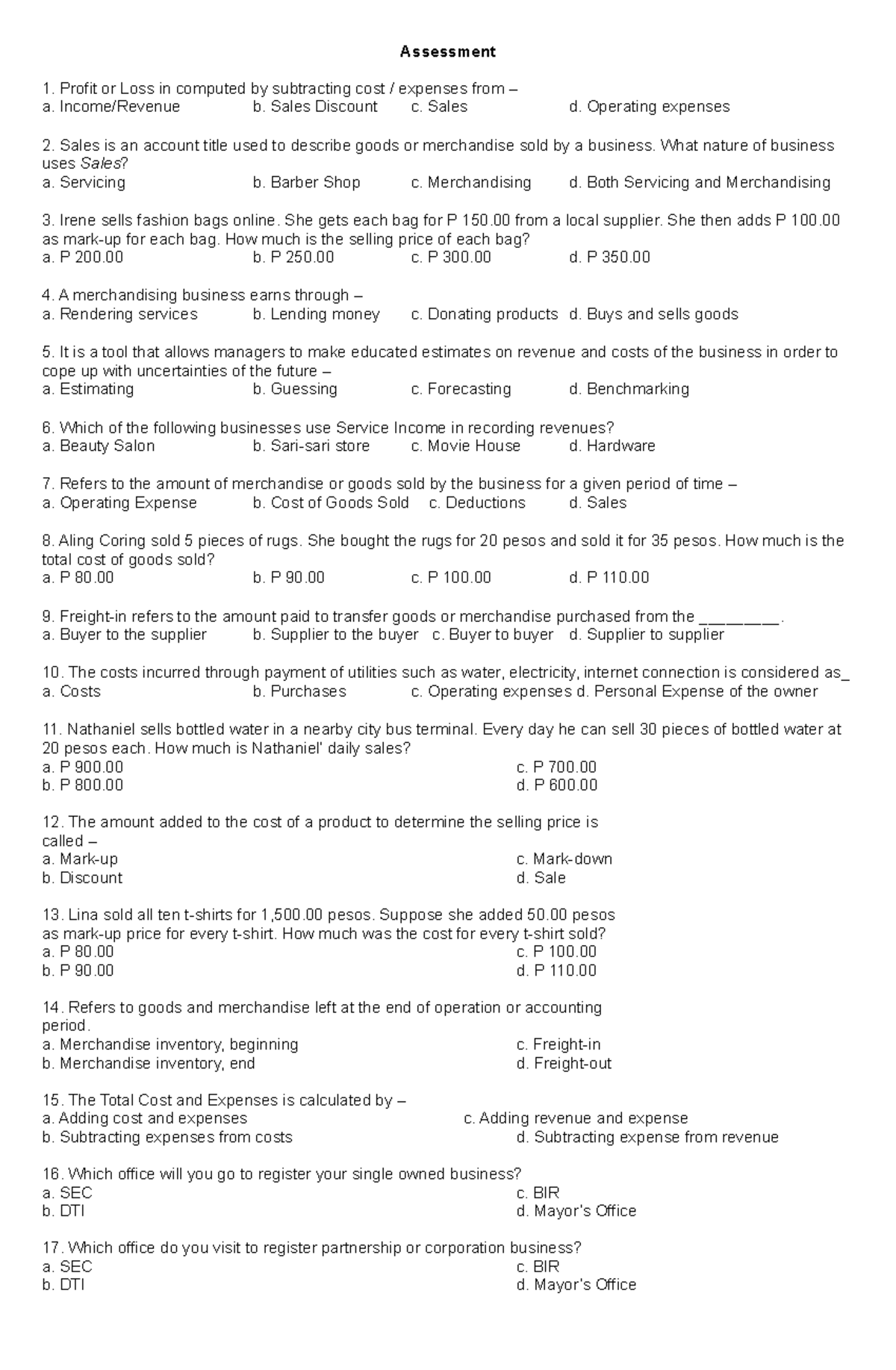 2nd quater long quiz M8-10 - Assessment Profit or Loss in computed by ...