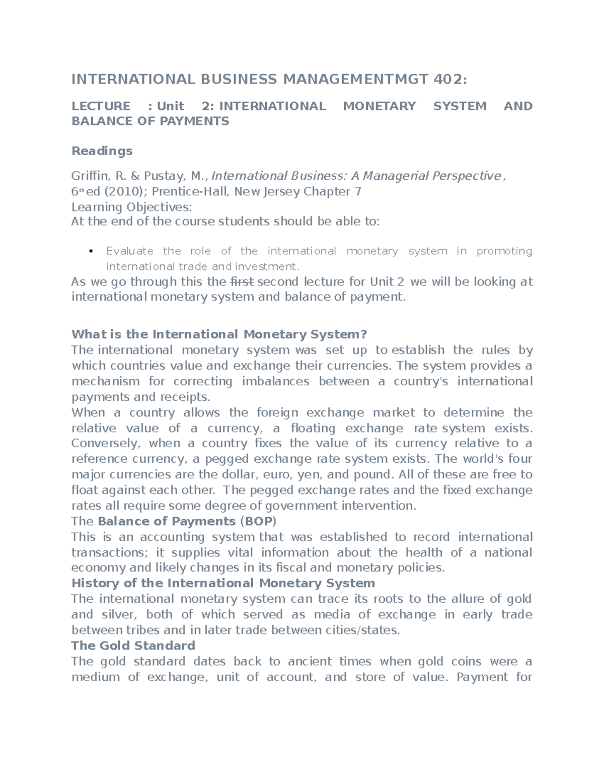 Lecture Notes Unit 2 - International Monetary System Balance of ...