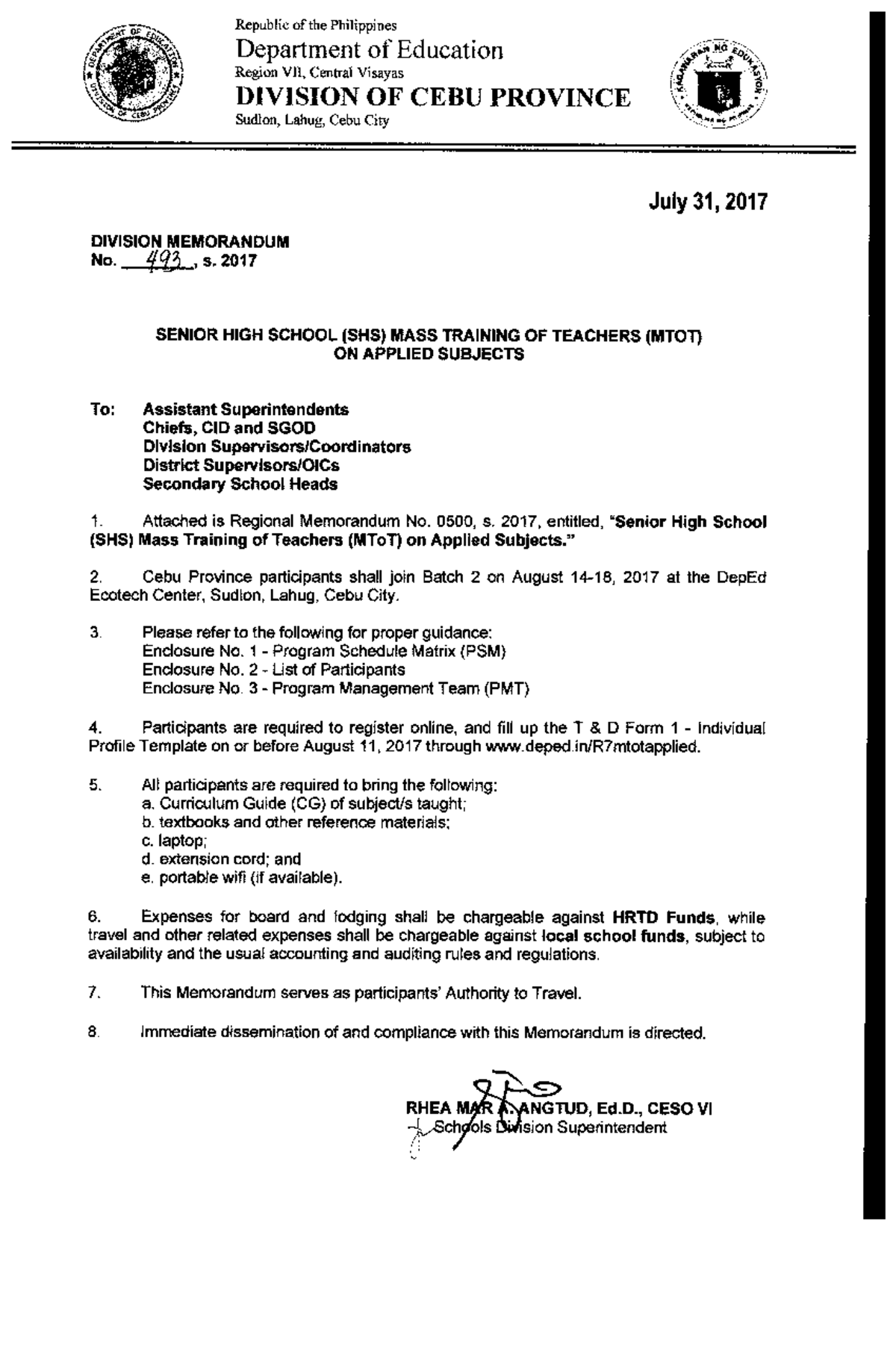 Memo 493 2017 Training Guidelines For Teachers In Senior High School