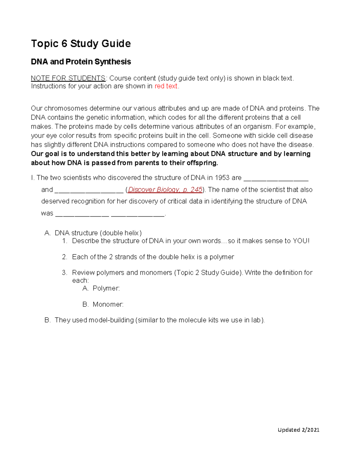 Topic 6 Study Guide fall 2020 - Topic 6 Study Guide DNA and Protein ...