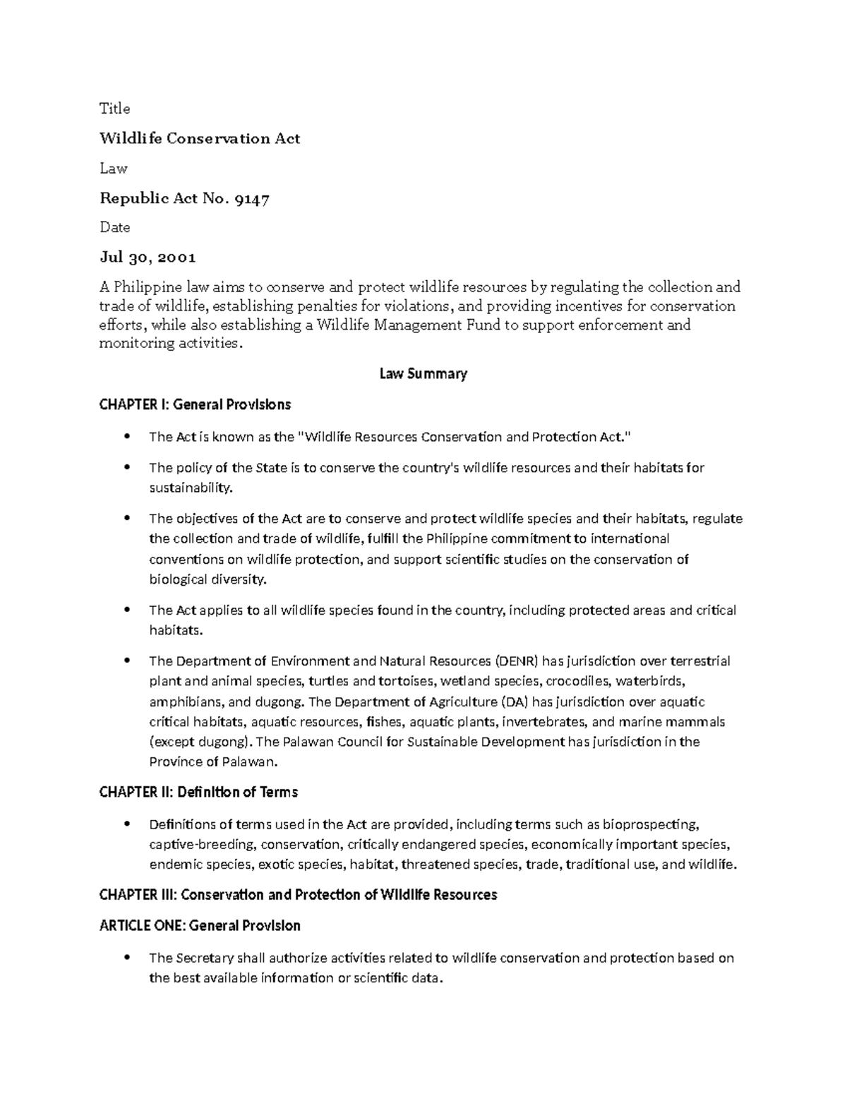 RA 9147 Summary - Title Wildlife Conservation Act Law Republic Act No ...