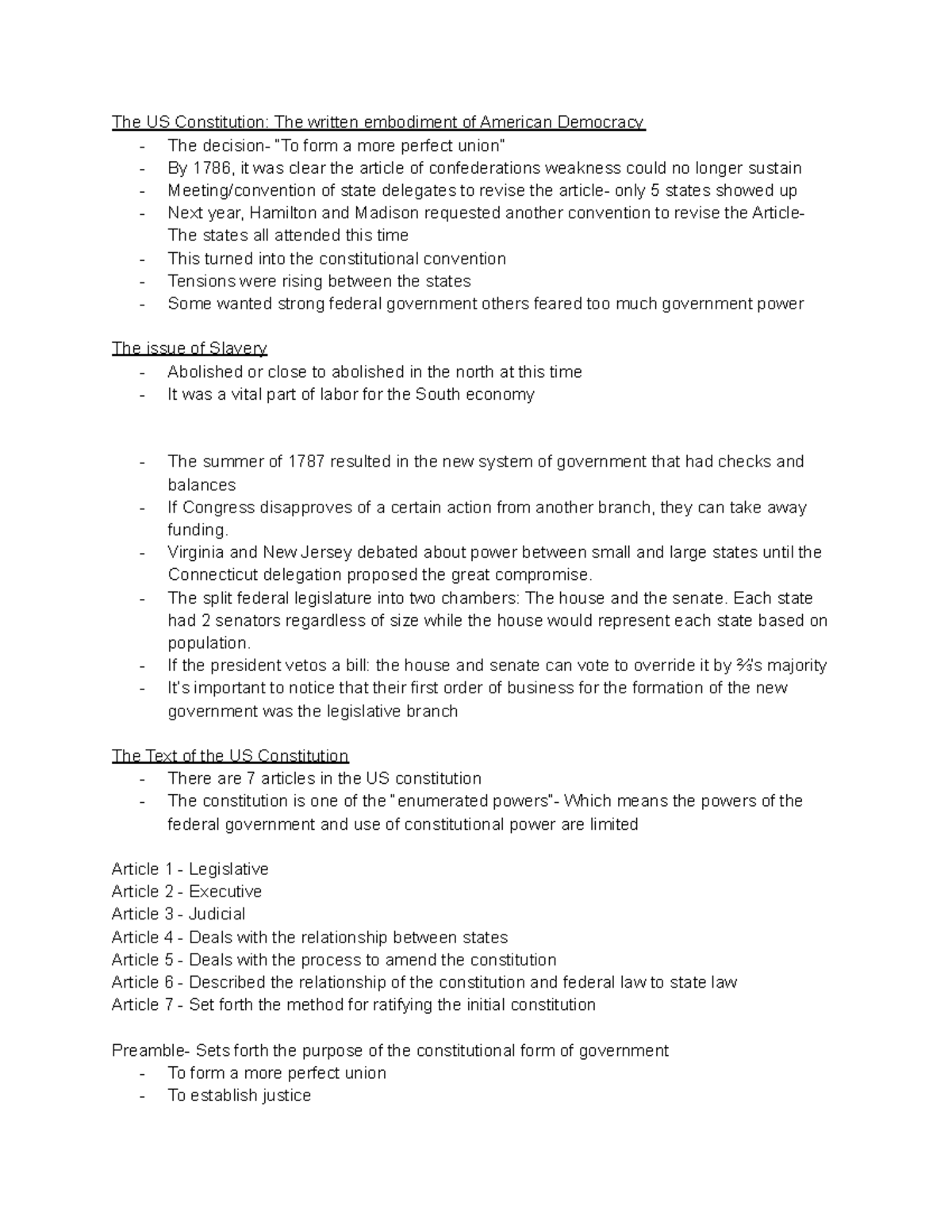 US Governmet Lecture Notes 2 - The US Constitution: The written ...