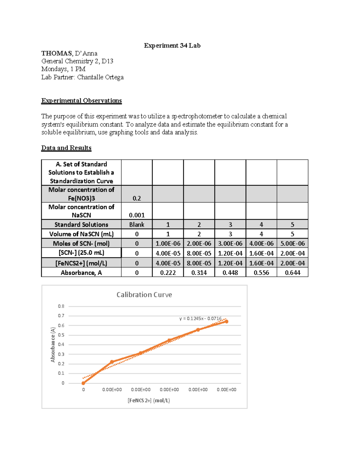 Experiment 34 - Experiment 34 Lab THOMAS, D’Anna General Chemistry 2, D ...