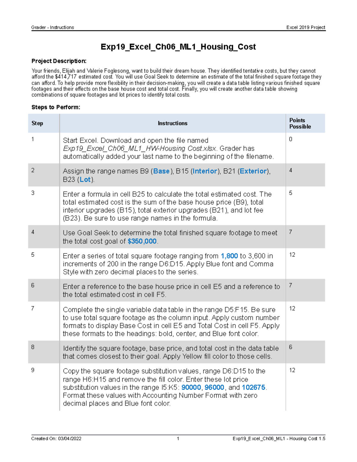 Exp19 Excel Ch06 ML1 Housing Cost Instructions - Grader - Instructions Excel 2019 Project - Studocu