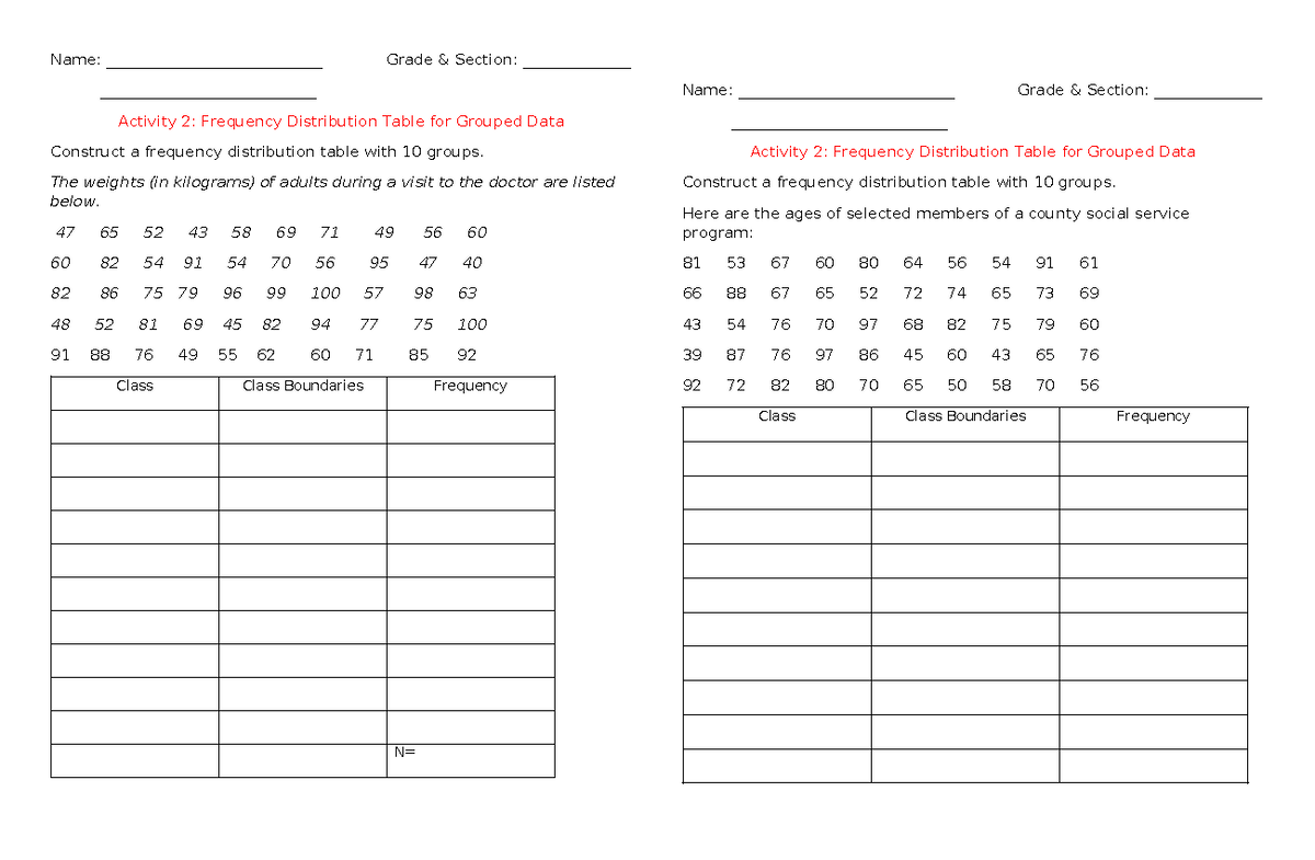 Statistics Grouped Data - Name: ____________________________ Grade ...