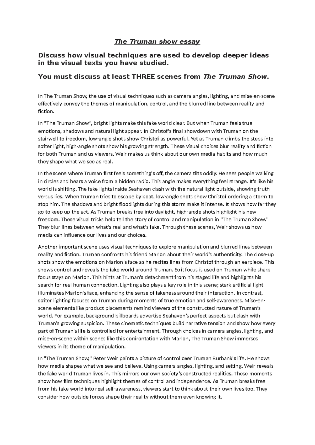 The Truman show essay - The Truman show essay Discuss how visual ...