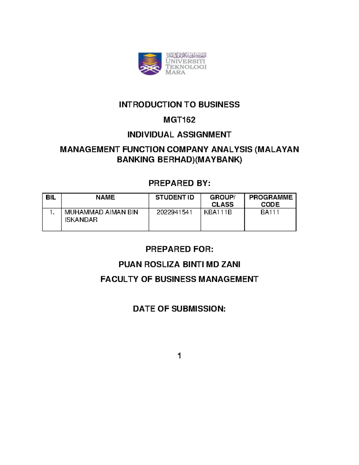 MGT162 individual assignment universiti teknologi mara - INTRODUCTION ...