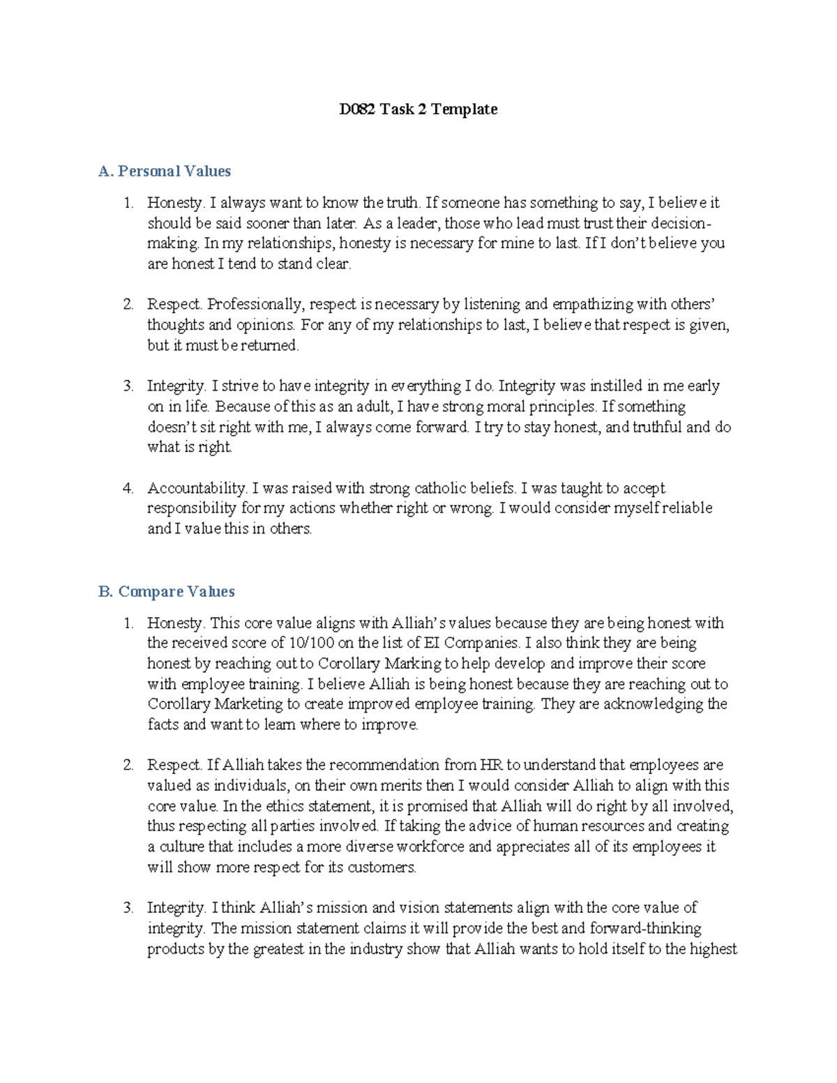 D082 Task 2 Template - D082 Task 2 Template A. Personal Values Honesty ...