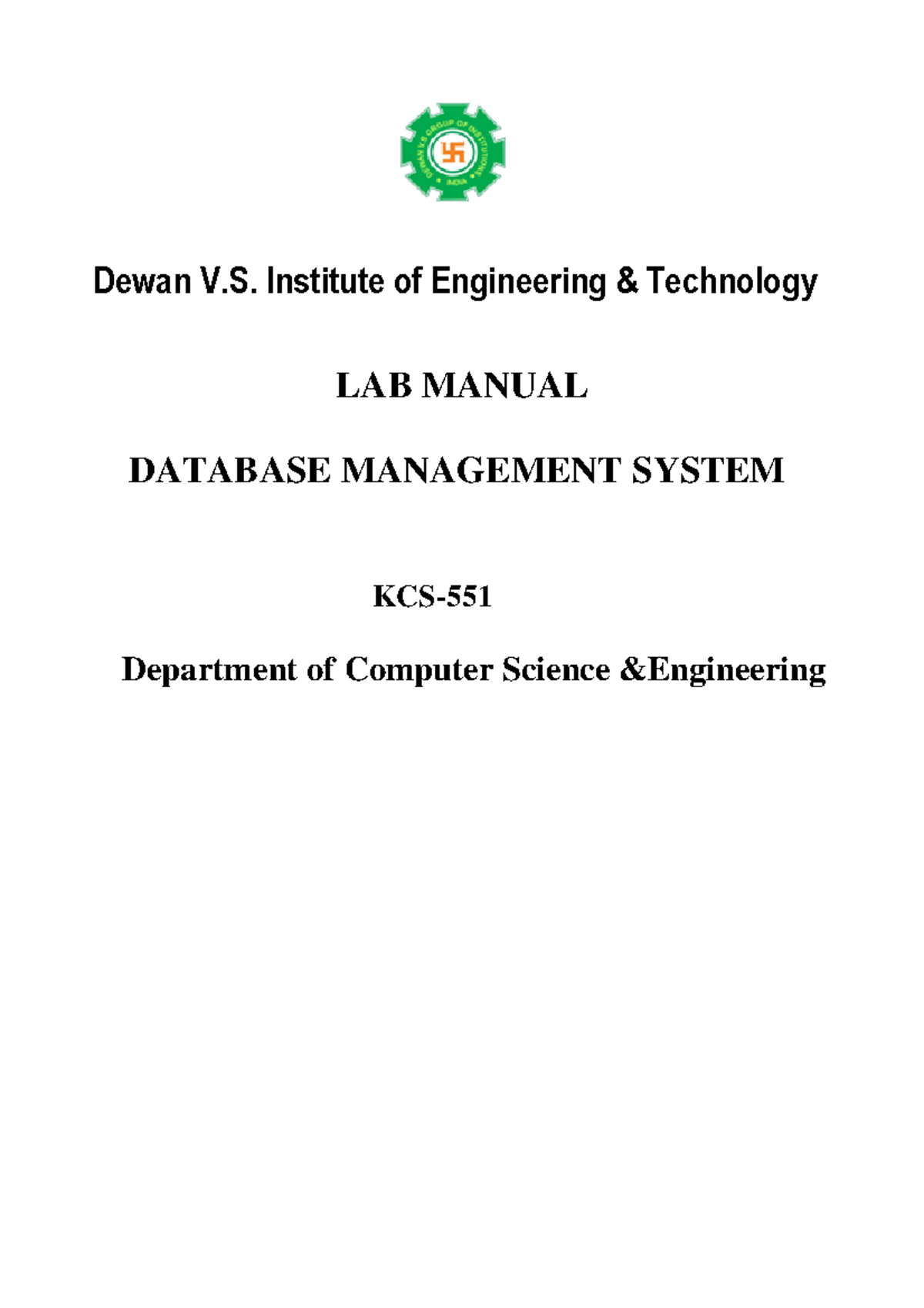 DBMS Lab Mannual - Dewan V. Institute of Engineering & Technology LAB MANUAL DATABASE MANAGEMENT ...