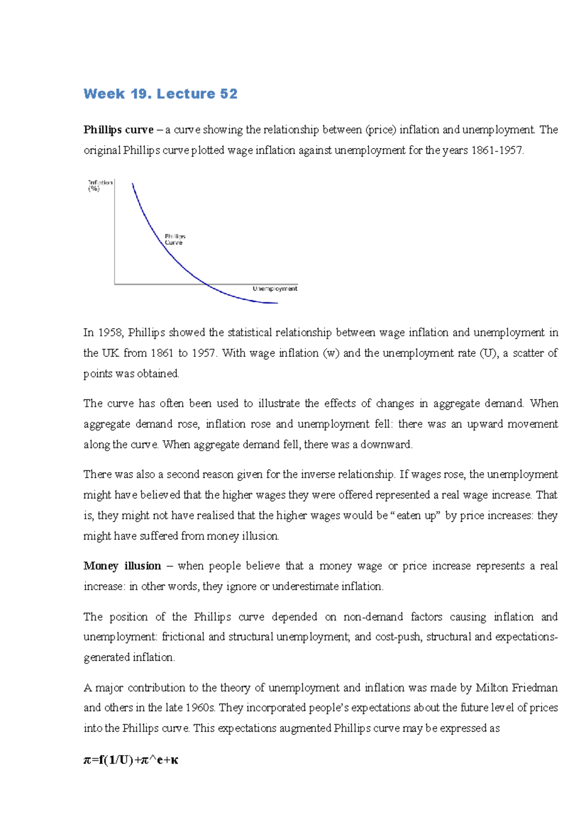 Economics lecture notes 14 - Week 19. Lecture 52 Phillips curve – a ...
