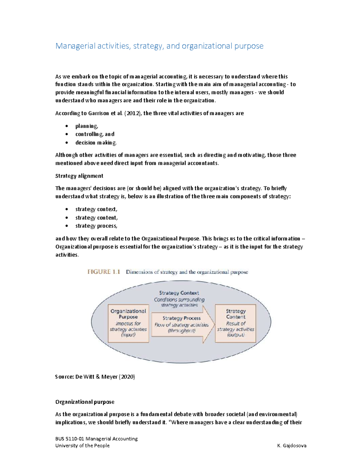 Managerial activities, strategy and organizational purpose - BUS 5110 ...