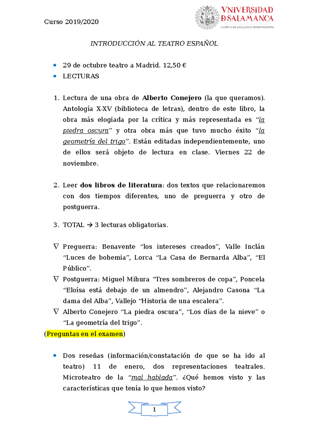 IntroduccióN AL Teatro EspañOL - INTRODUCCIÓN AL TEATRO ESPAÑOL 29 de ...