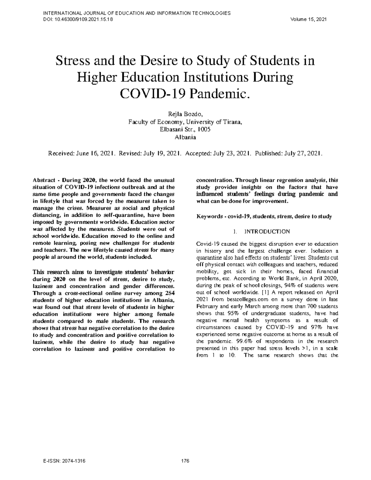 Stress and the Desire to Study of Students in High - Abstract - During ...