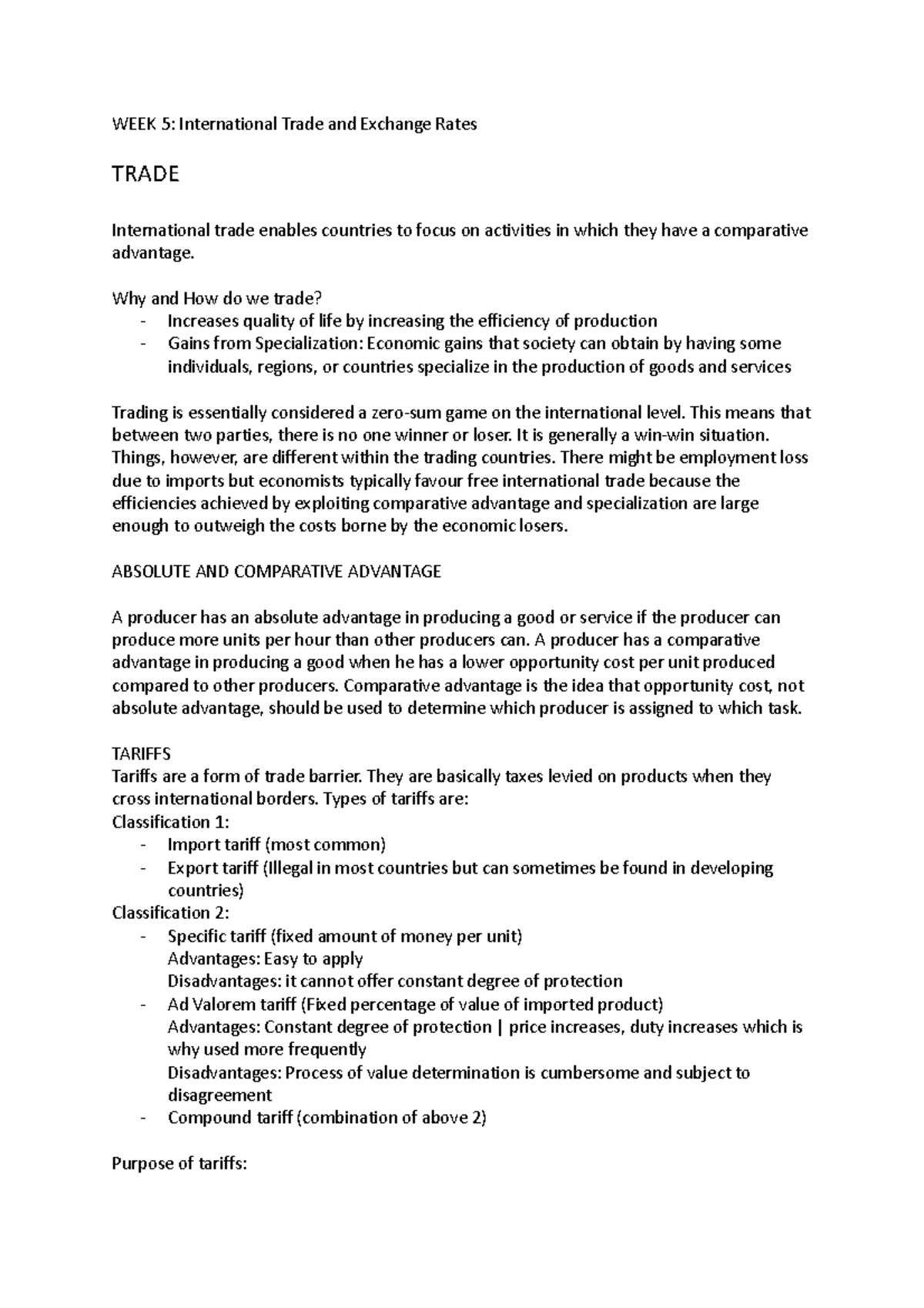 Econs week 5 notes - WEEK 5: International Trade and Exchange Rates ...