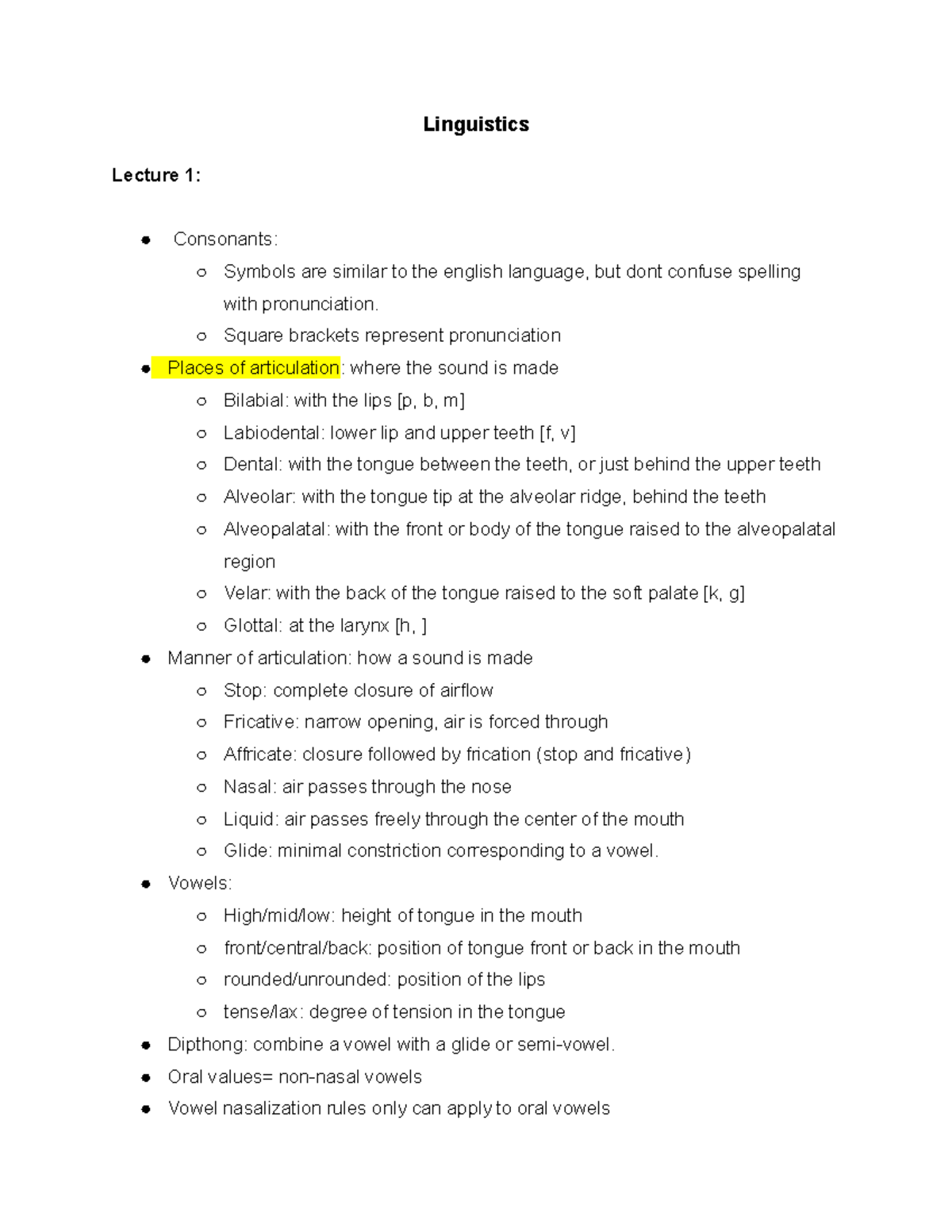 LING202 Fall 2021 Notes - Linguistics Lecture 1: Consonants: Symbols ...