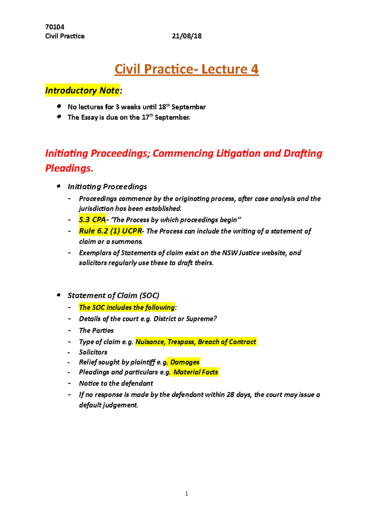 Lecture 4- 21 August 2018- 70104 Civil Practice - Civil Pracice 21/08 ...