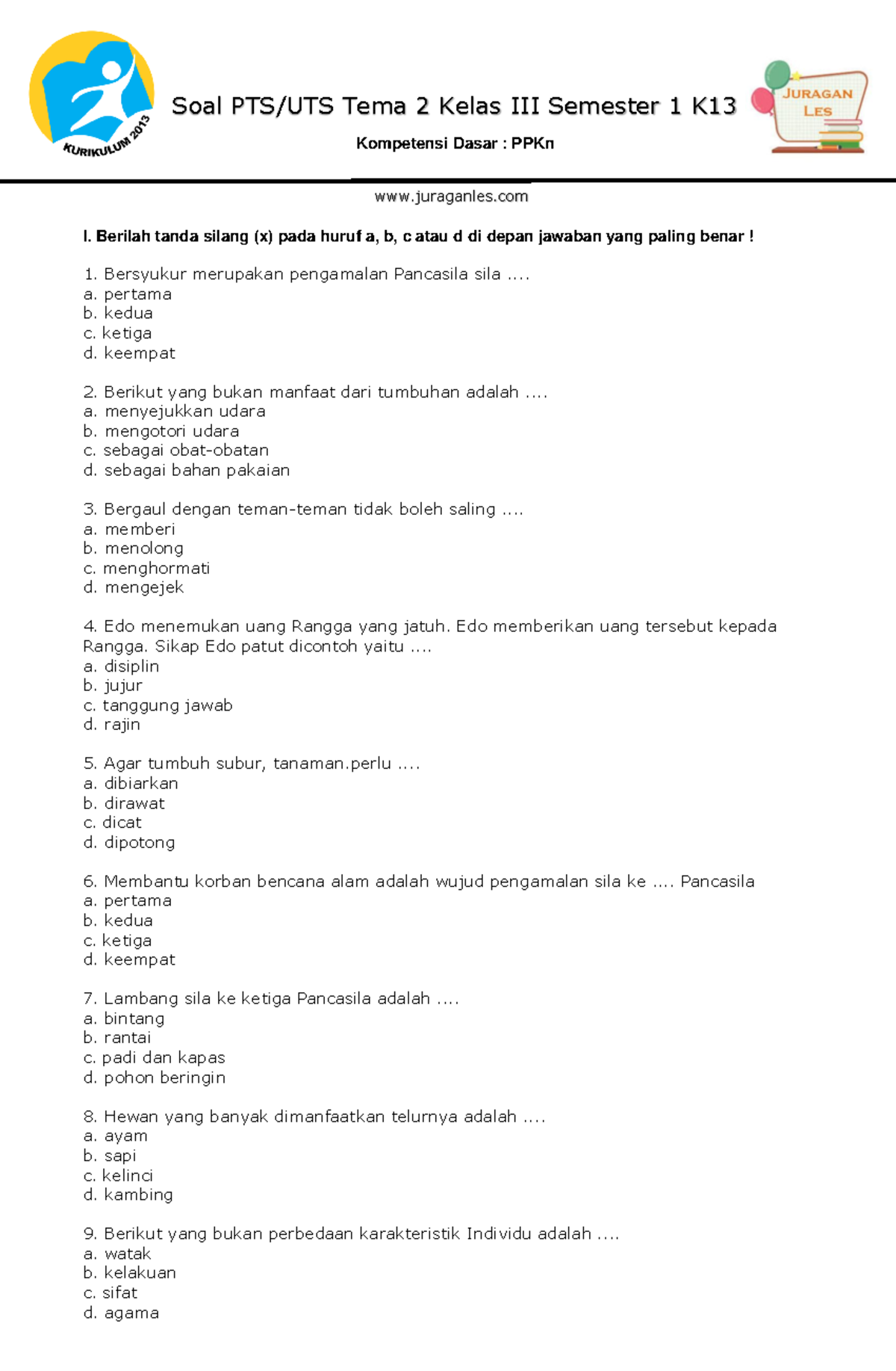 Soal UTS PTS K13 Tema 2 Kelas 3 Semester 1 PPKn - Kompetensi Dasar : PPKn I. Berilah tanda ...