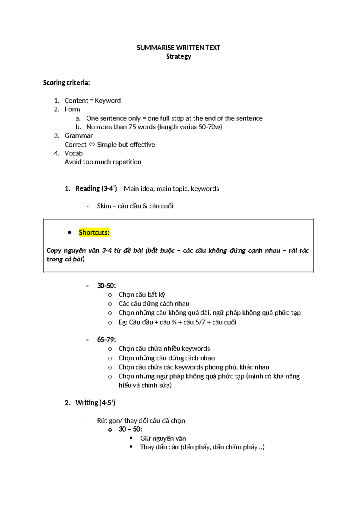 SWT Notes - SUMMARISE WRITTEN TEXT Strategy Scoring criteria: Content ...