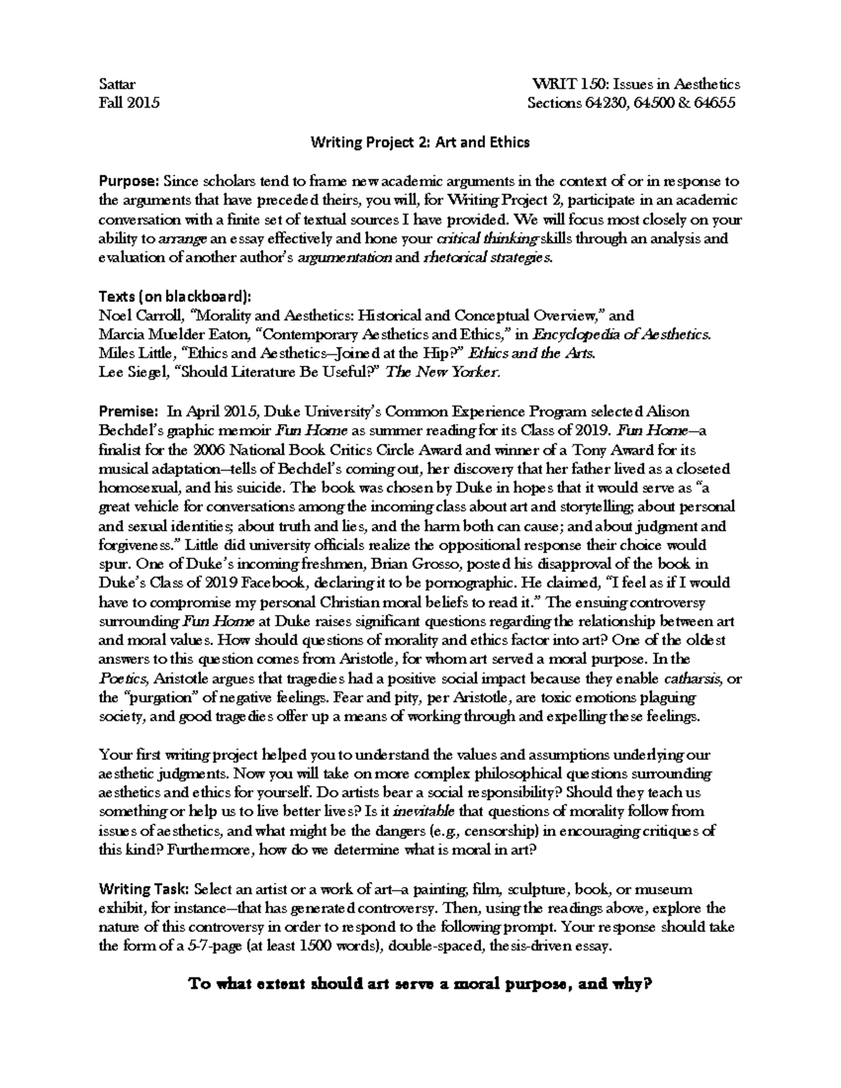 Sattar Fall 2015 WP2 Prompt WRIT 150 - Sattar WRIT 150: Issues in ...