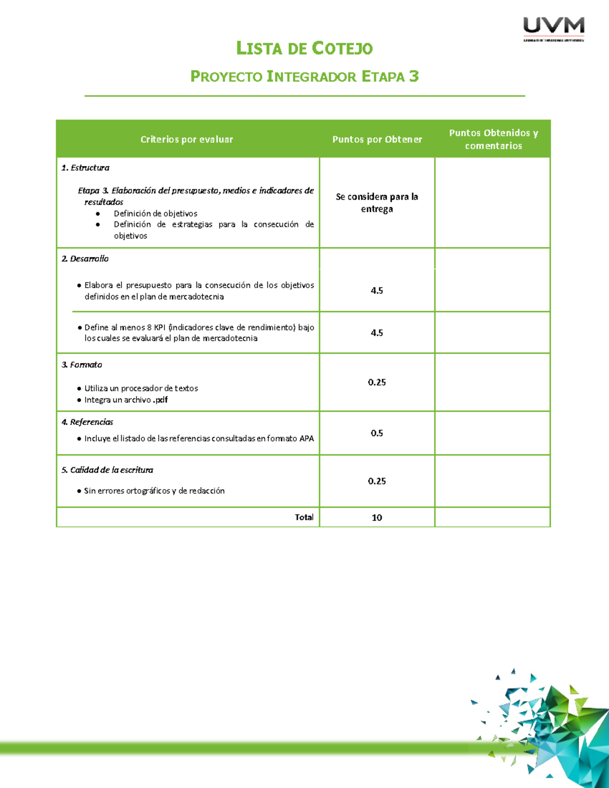 LC PIE3 - Proyecto integrador etapa 3 - LISTA DE COTEJO PROYECTO INTEGRADOR ETAPA 3 Criterios ...