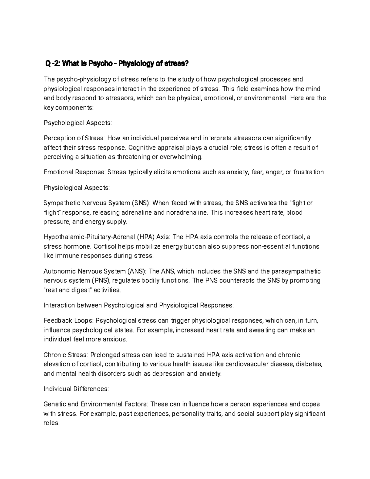 Stress management - Good notes - Q -2: What is Psycho - Physiology of ...