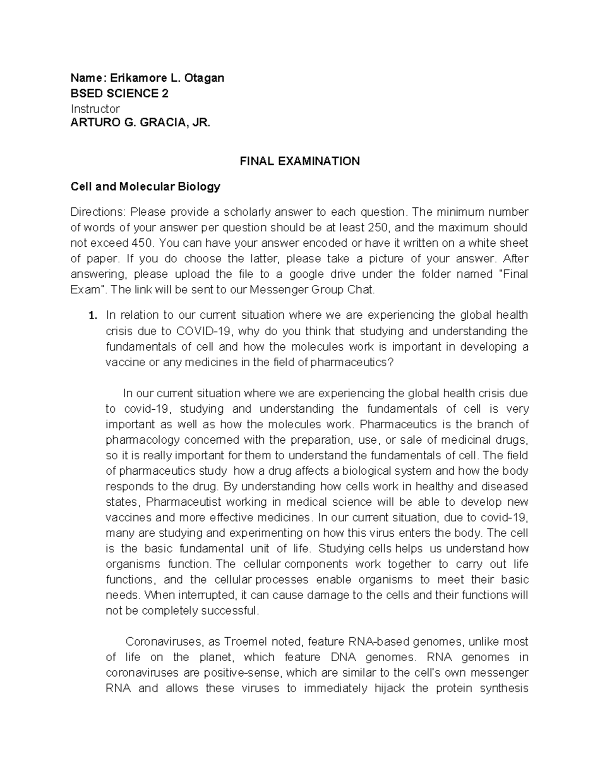 CELL AND Molecular Biology ( Final EXAM) - Otagan - Name: Erikamore L ...