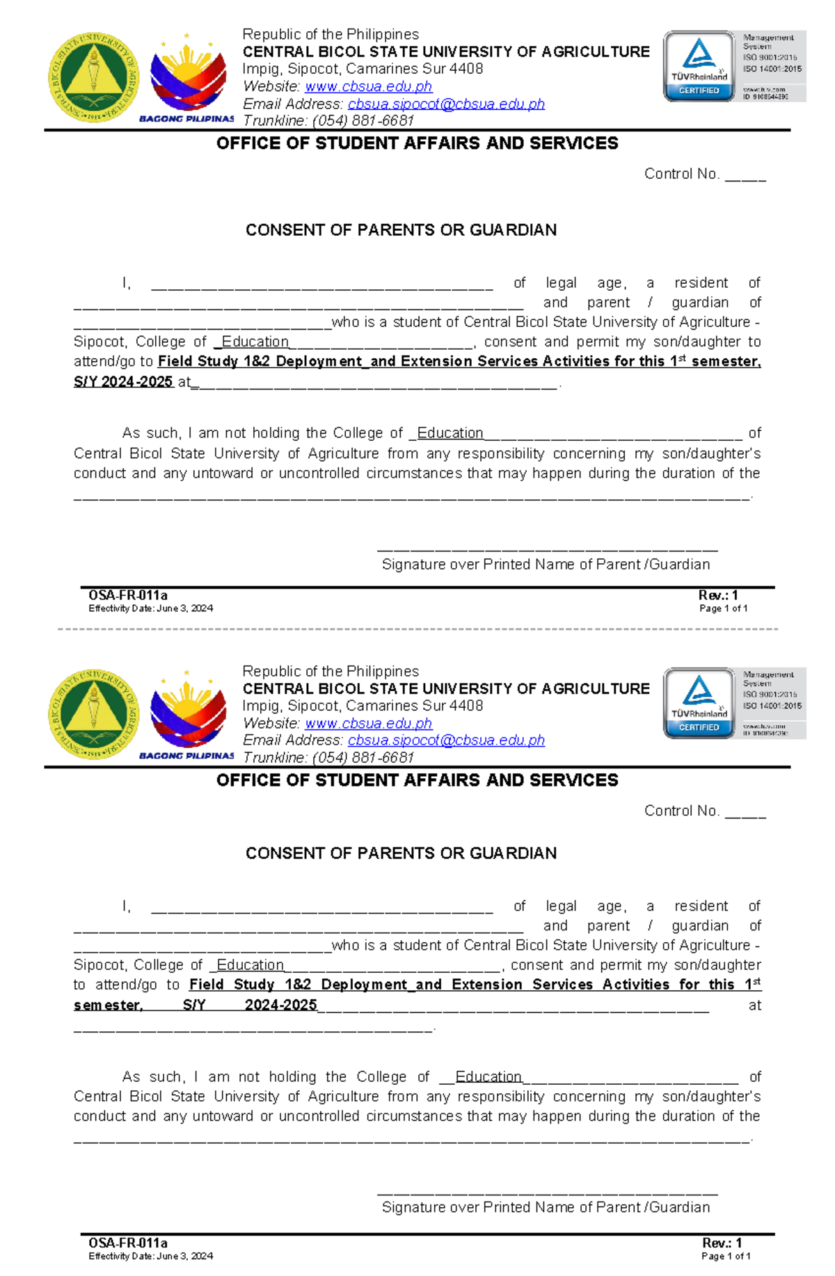 011a Parent Consentstudent Org - Republic of the Philippines CENTRAL BICOL STATE UNIVERSITY OF ...
