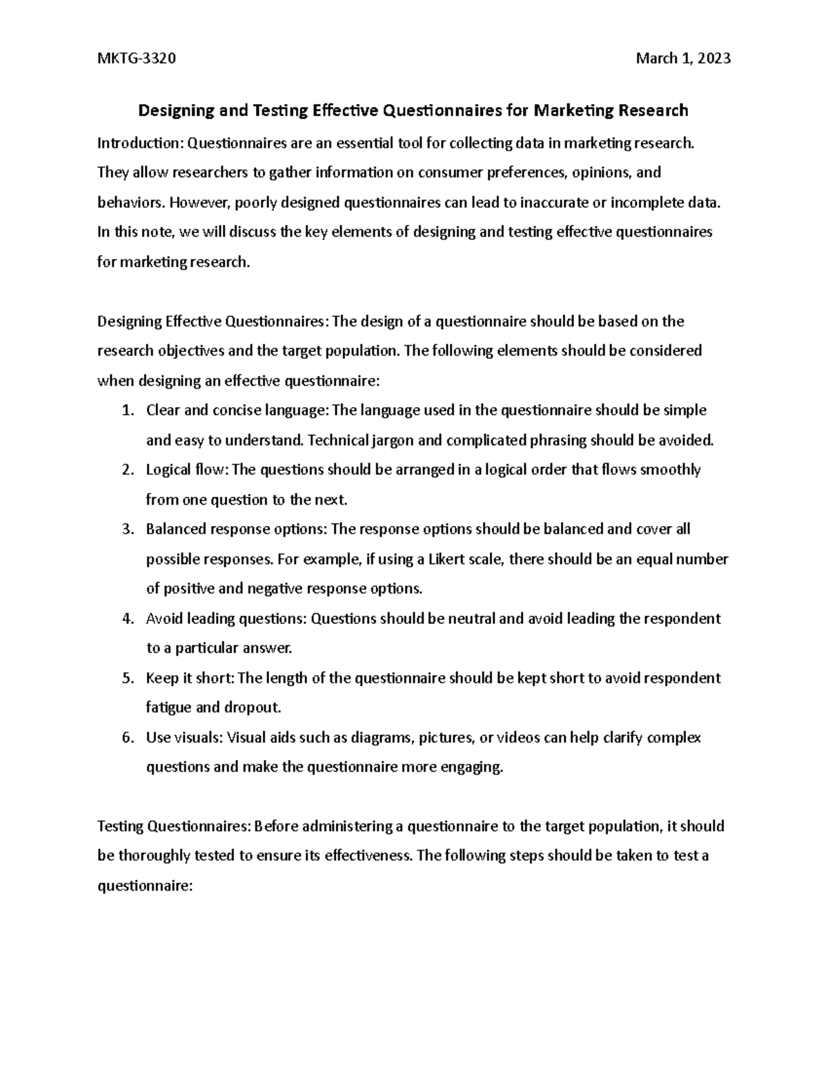 Questionnaire Design and Testing - MKTG-3320 March 1, 2023 Designing ...