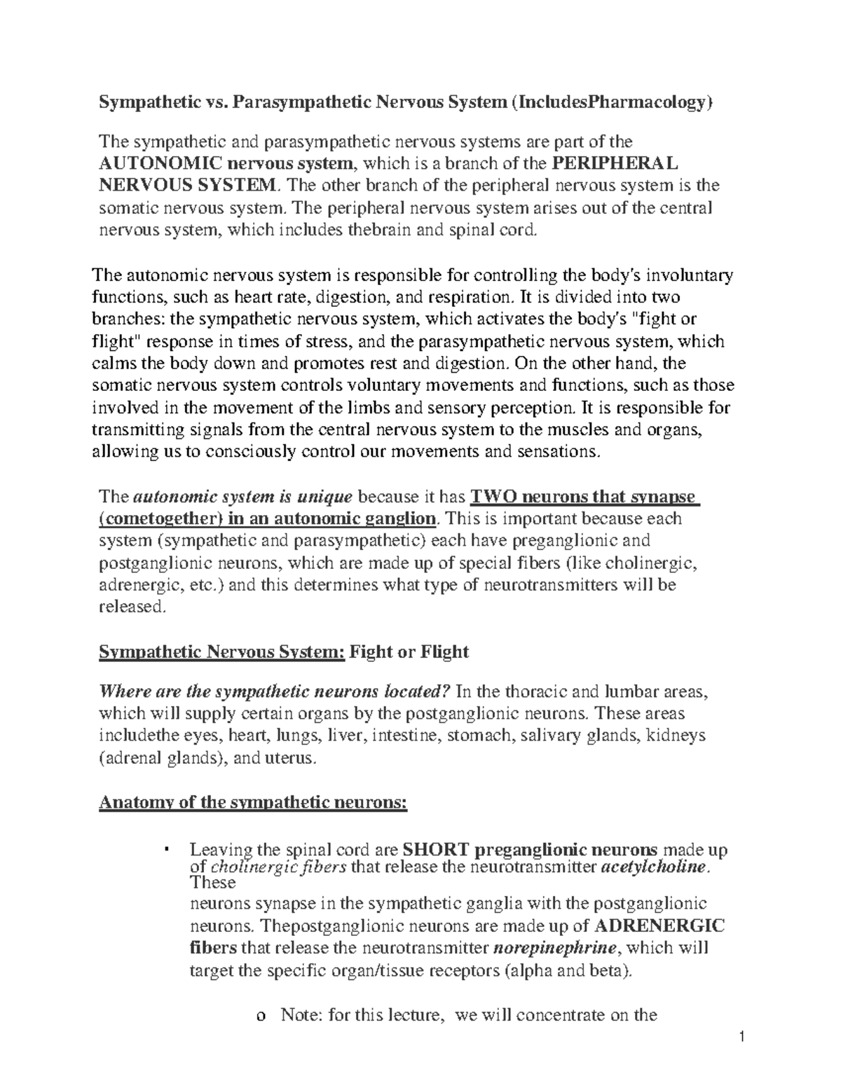 Sympathetic vs Parasympathetic Systerm Study Guide - Sympathetic vs ...