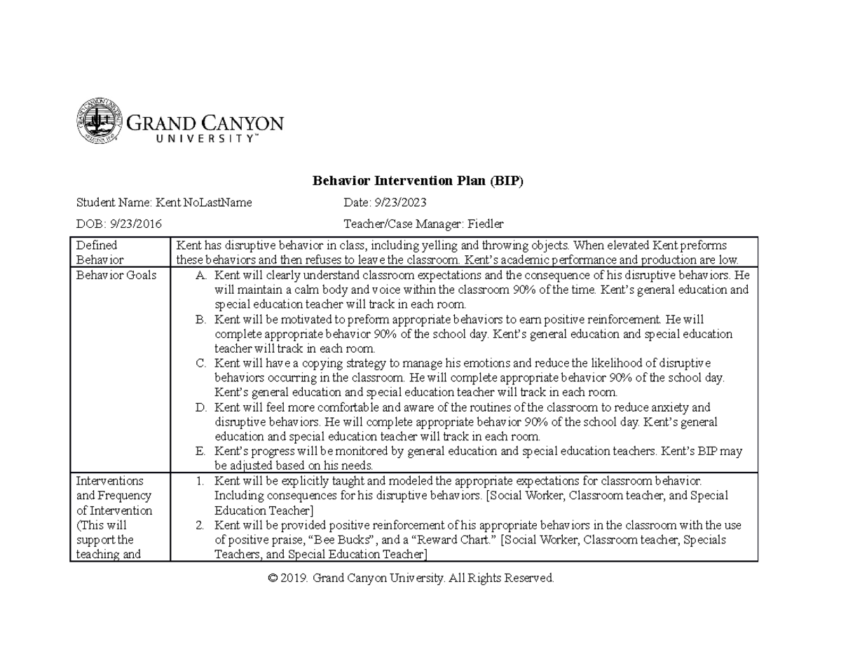 Behavior Intervention Plan BIP - Behavior Intervention Plan (BIP ...