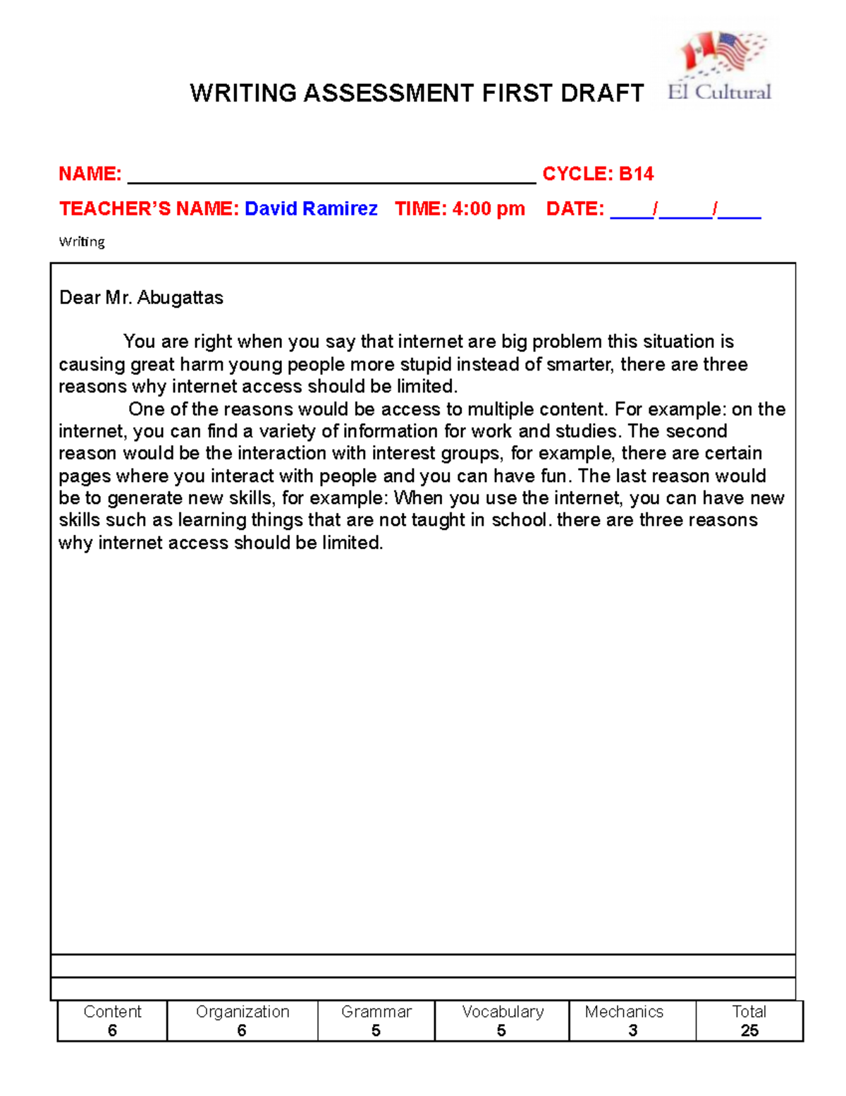 Writing Assessment First Draft - WRITING ASSESSMENT FIRST DRAFT NAME ...