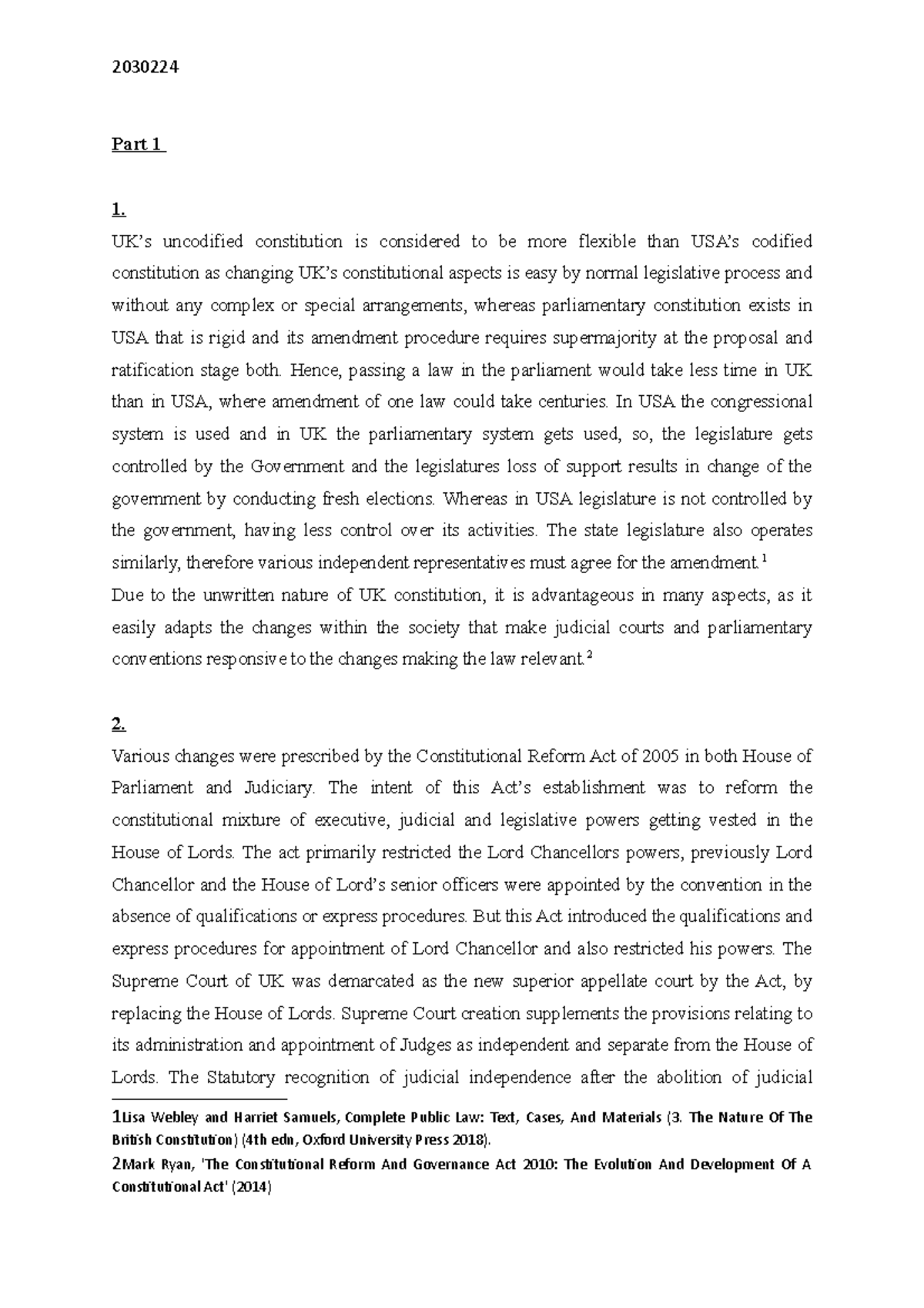 Public Law Summative - Part 1 UK’s uncodified constitution is ...