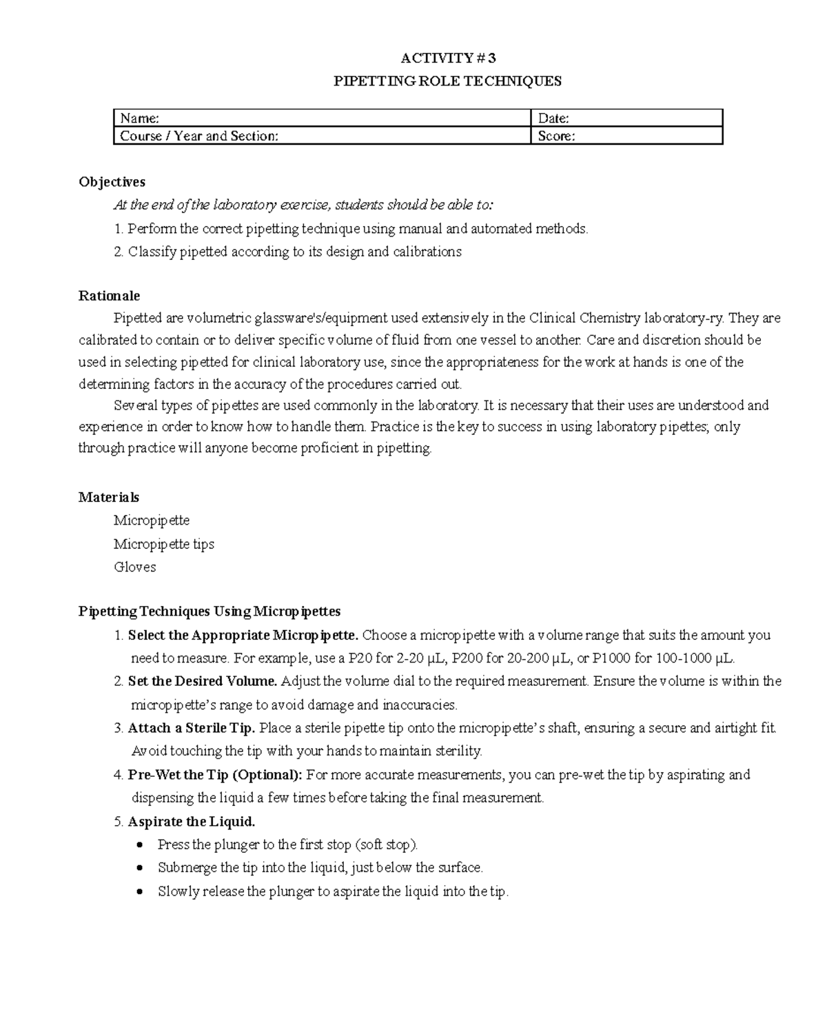 Activity 3 - Pipetting ROLE Techniques - ACTIVITY # 3 PIPETTING ROLE ...
