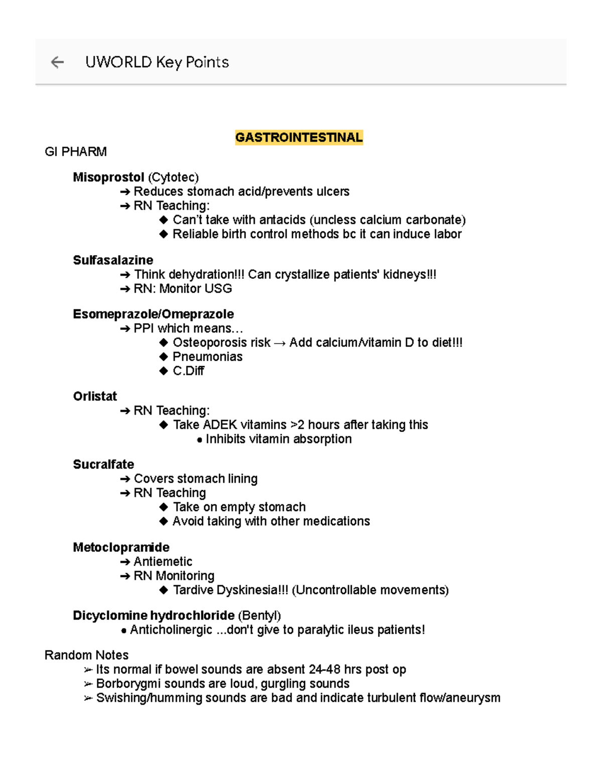 Uworld Key Points - Review nclex - GASTROINTESTINAL GI PHARM ...