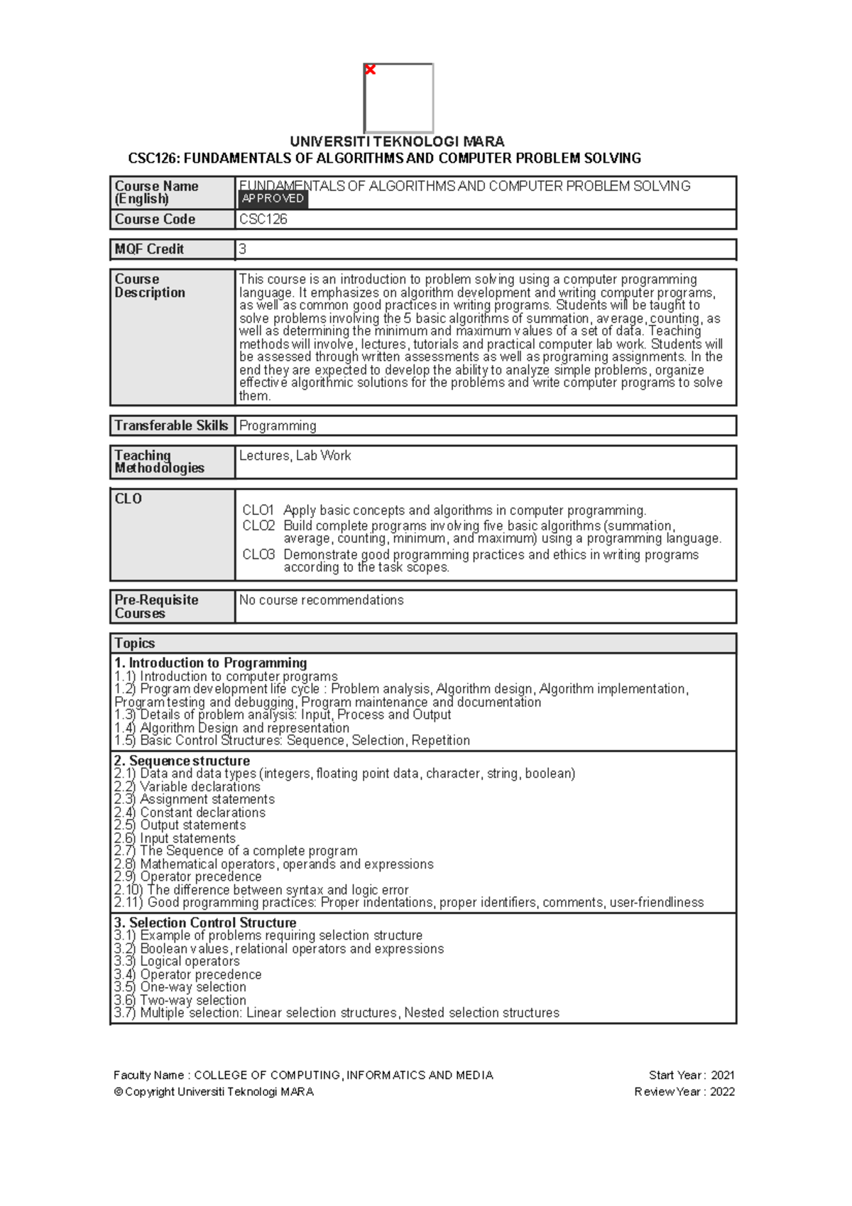 Teaching PLAN CSC126 - UNIVERSITI TEKNOLOGI MARA CSC126: FUNDAMENTALS ...