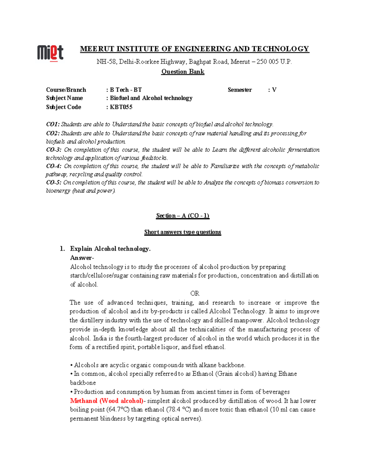 Question Bank with solutions KBT 055 - MEERUT INSTITUTE OF ENGINEERING AND TECHNOLOGY NH-58 ...