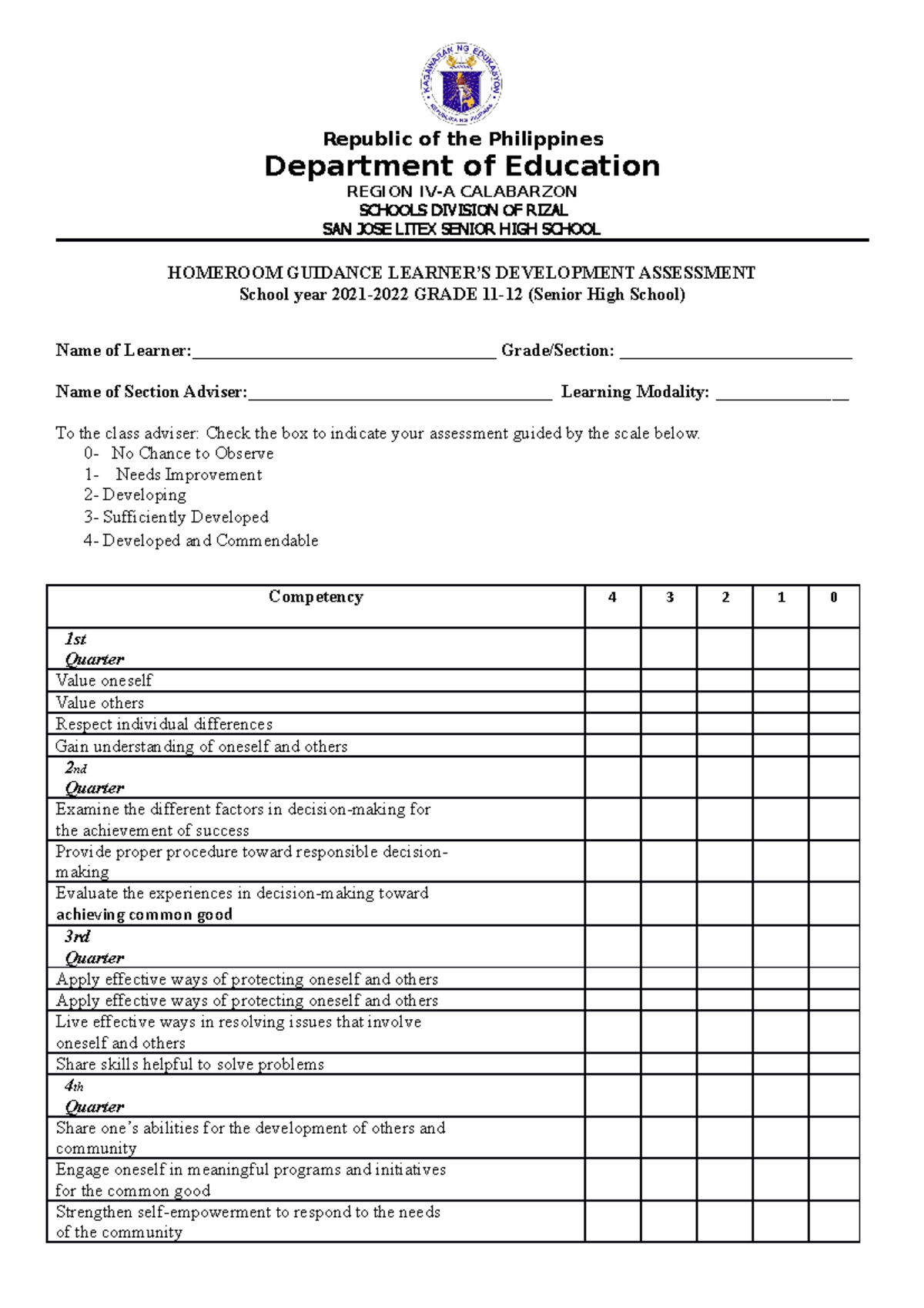 HGP Assessment tools for students - Republic of the Philippines ...