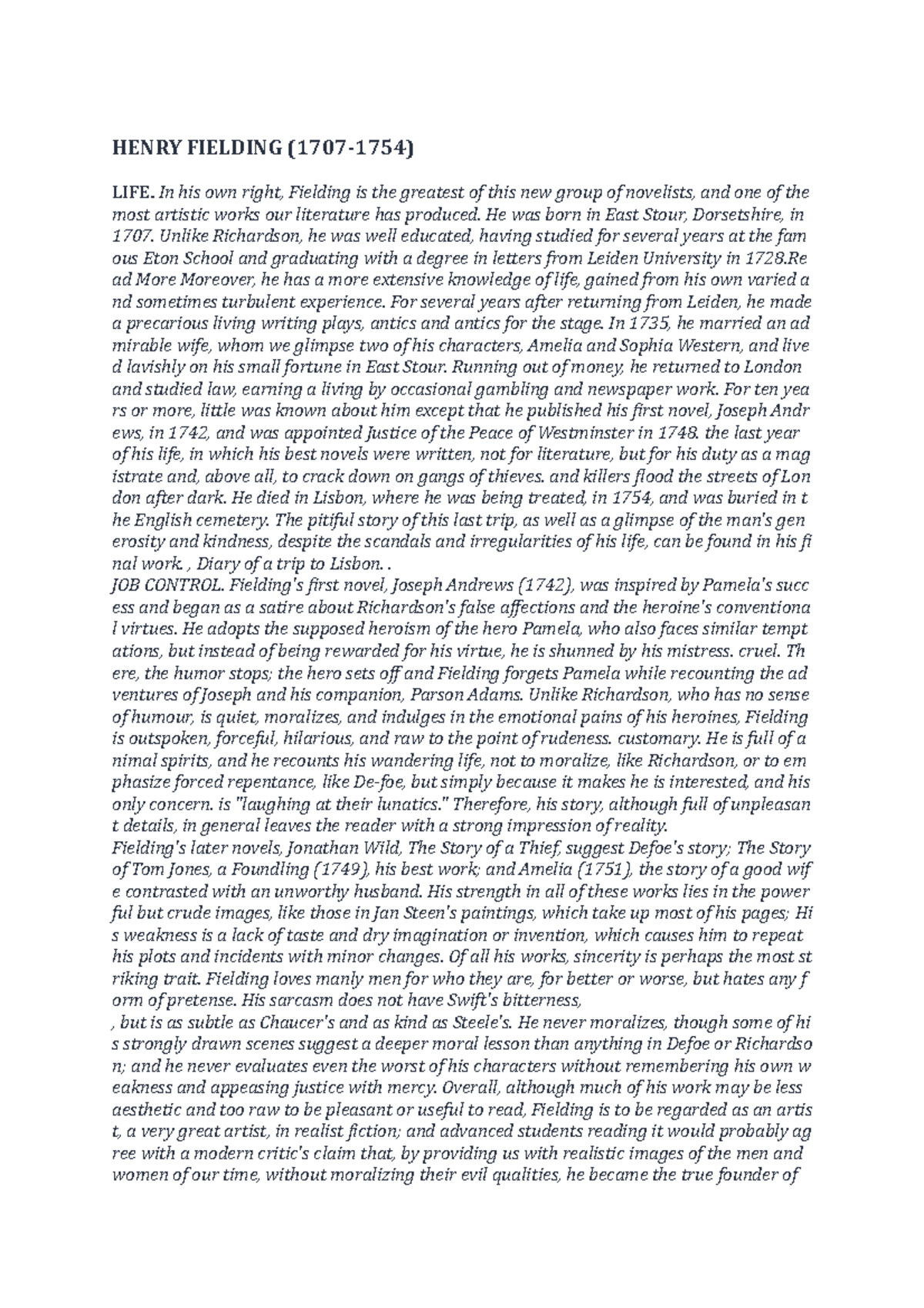 English Literature 28 - HENRY FIELDING (1707-1754) LIFE. In his own ...