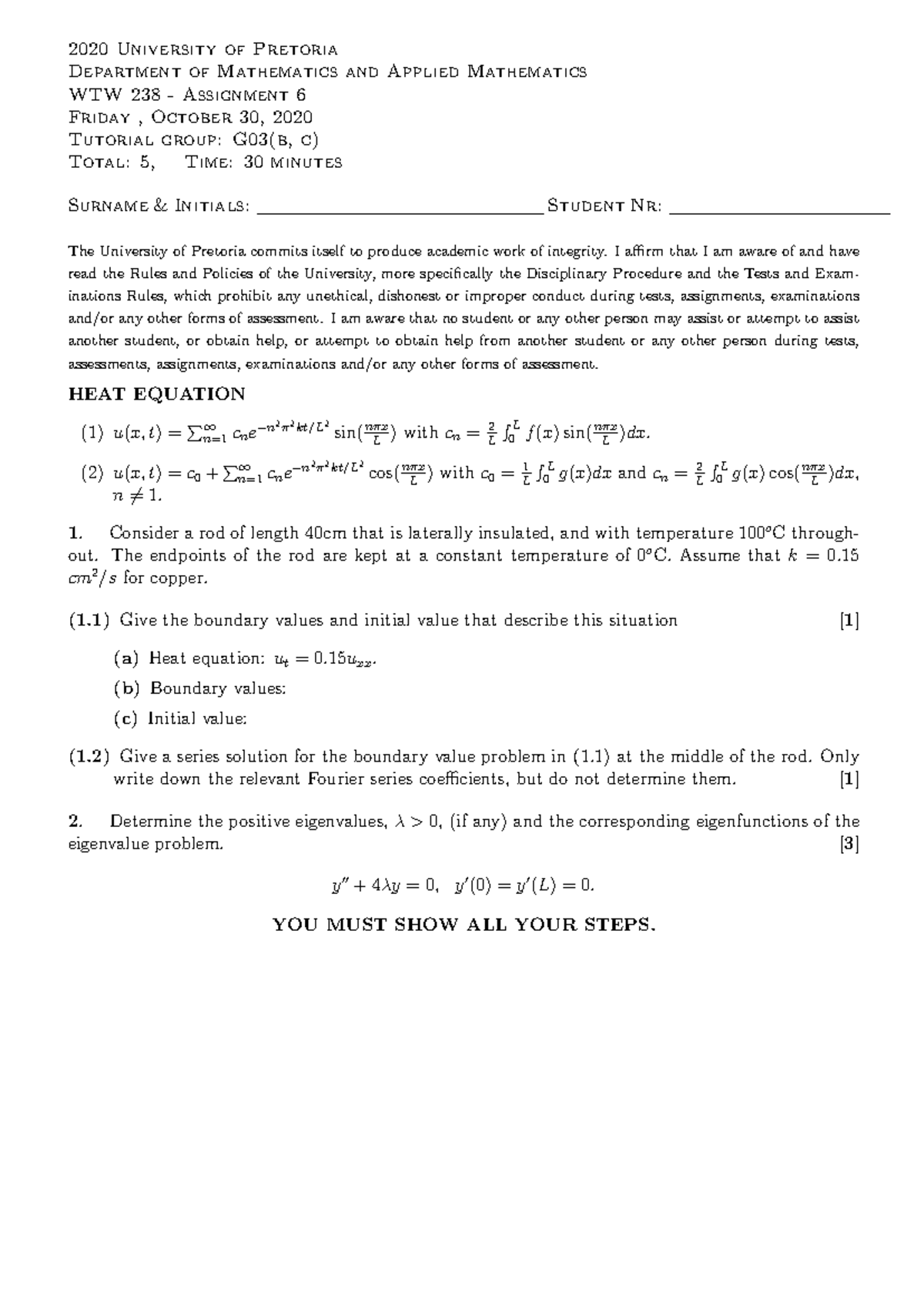 WTW238 - TUT09 - 2020 - 2020 University of Pretoria Department of ...