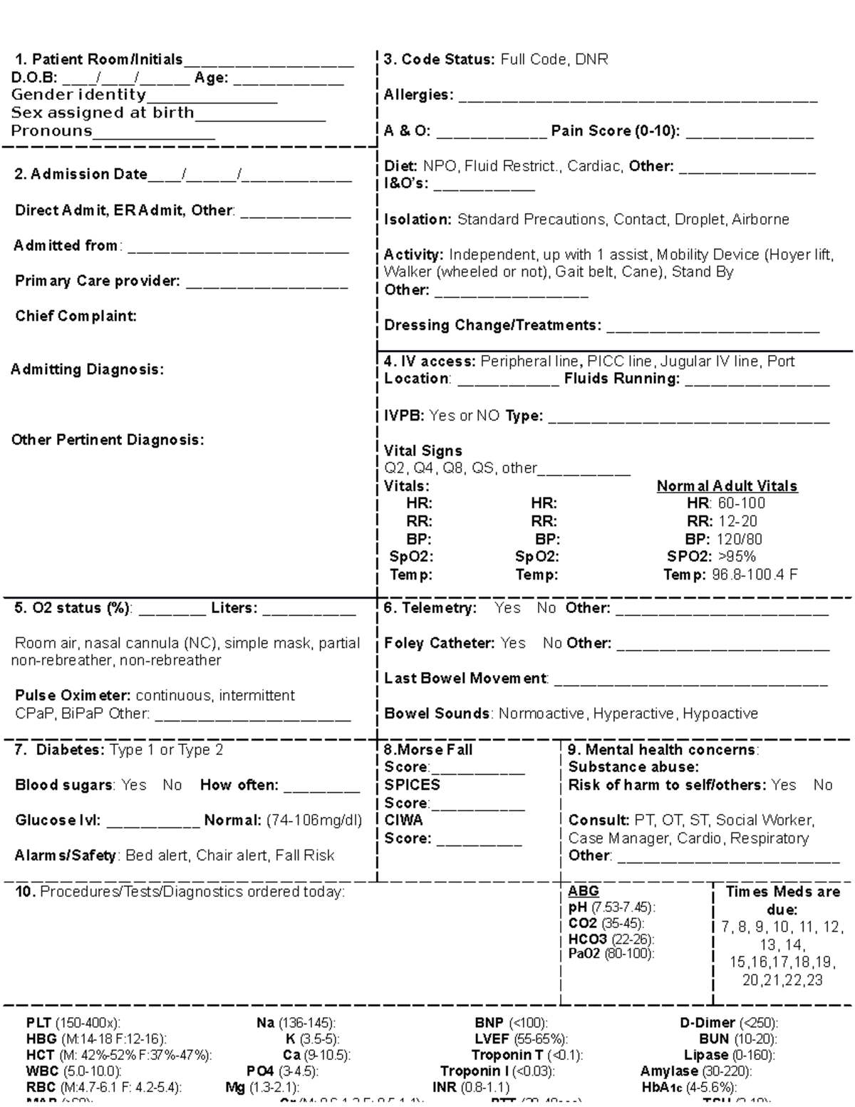 Clinical Print Paper - 1. Patient Room/Initials ____________________ D ...